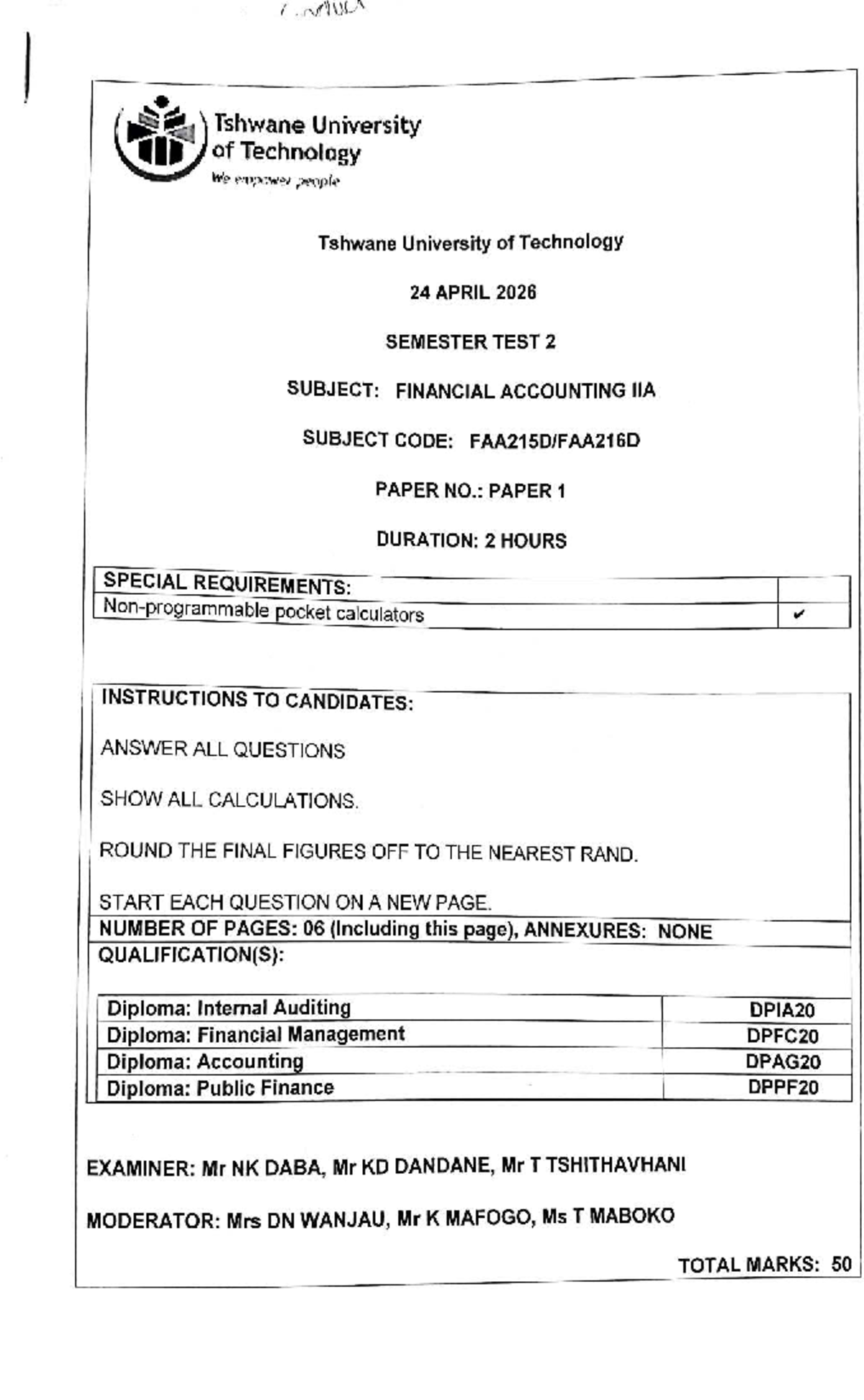 FAA216D: Financial Accounting IIA Semester Test 2 - April 2026 - Studocu