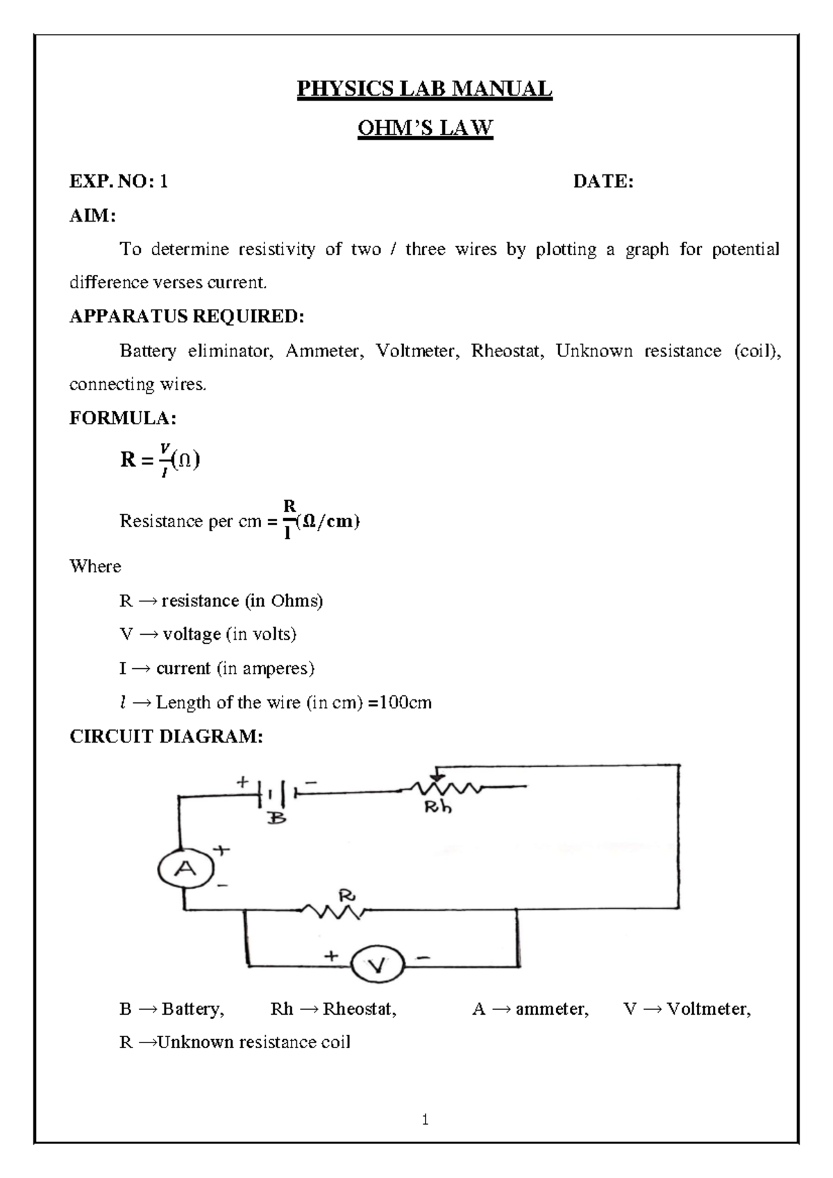 Physics Lab Manual - Experiments on Ohm's Law & Resistance (PHY101 ...
