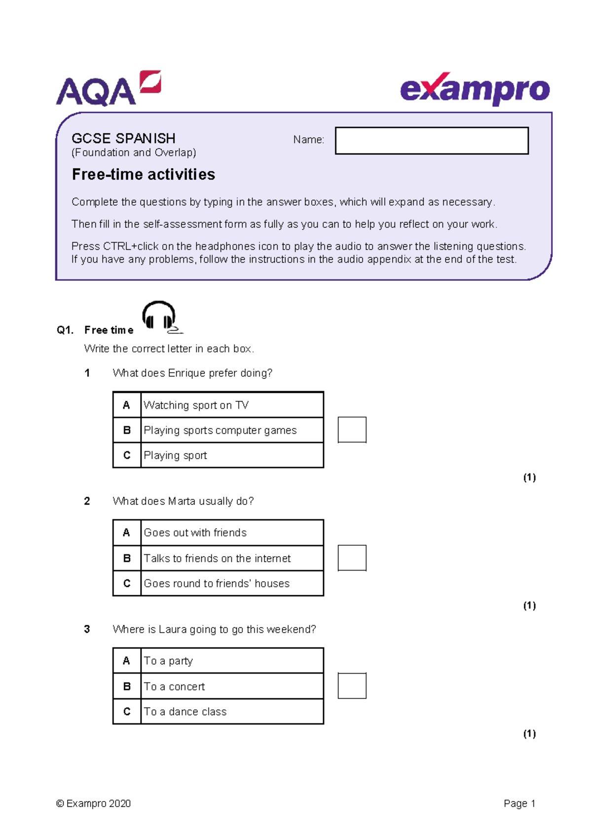 GCSE SPANISH (Foundation) Practice Paper 1: Activities & Questions ...