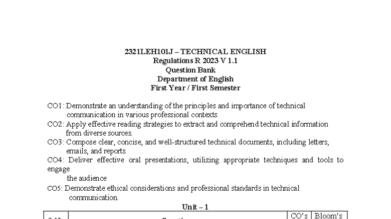 2321LEH101J TECHNICAL ENGLISH Question Bank R 2023 V 1.1 - Studocu