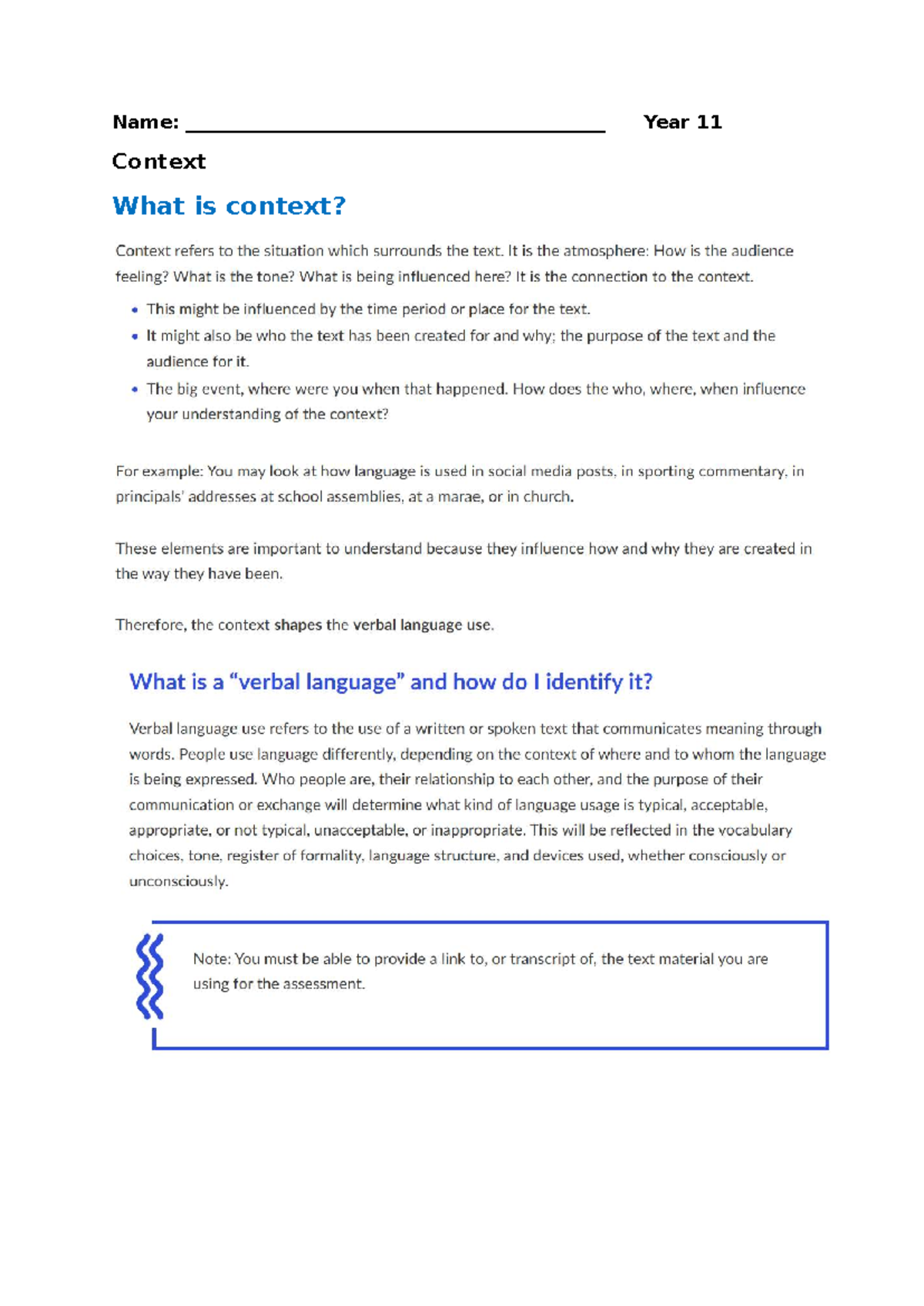 Year 11 Context & Verbal Language Features Activities - Studocu