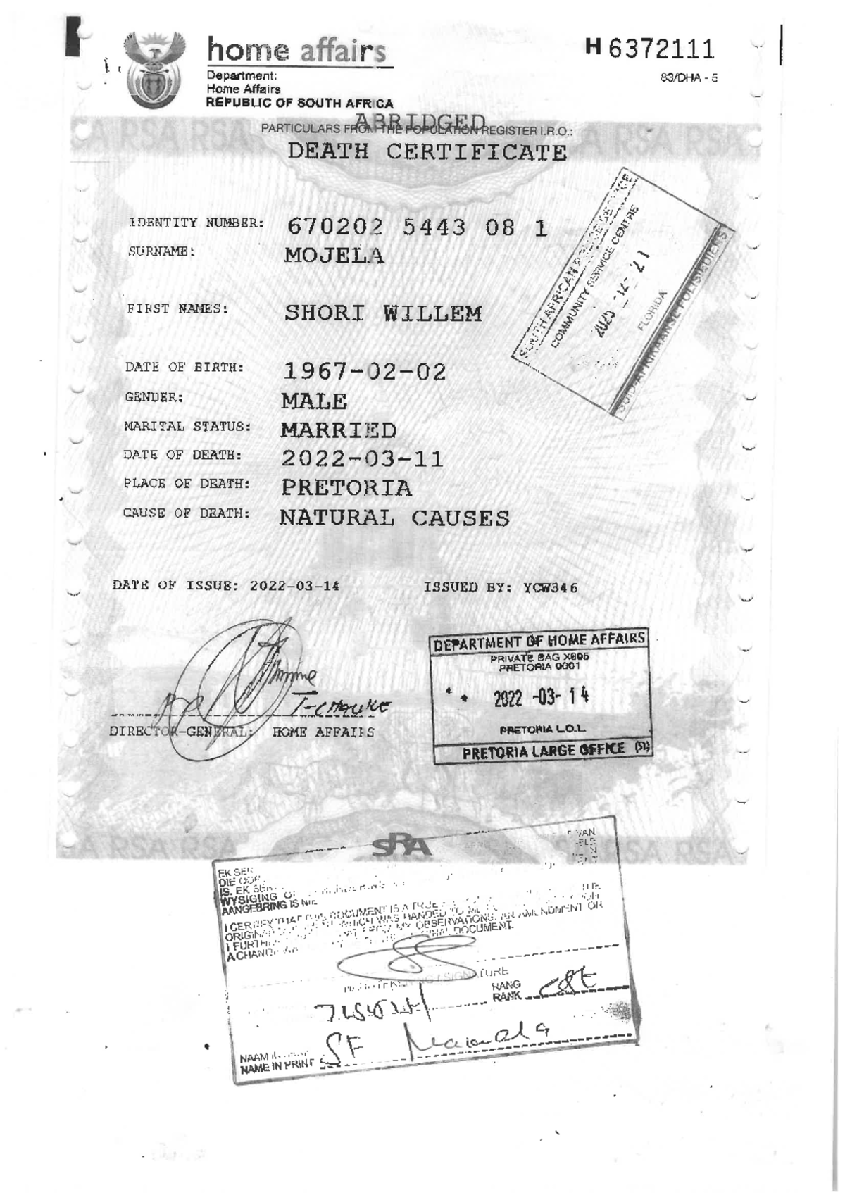 Home Affairs Death Certificate: Shori Willem Florida - Studocu