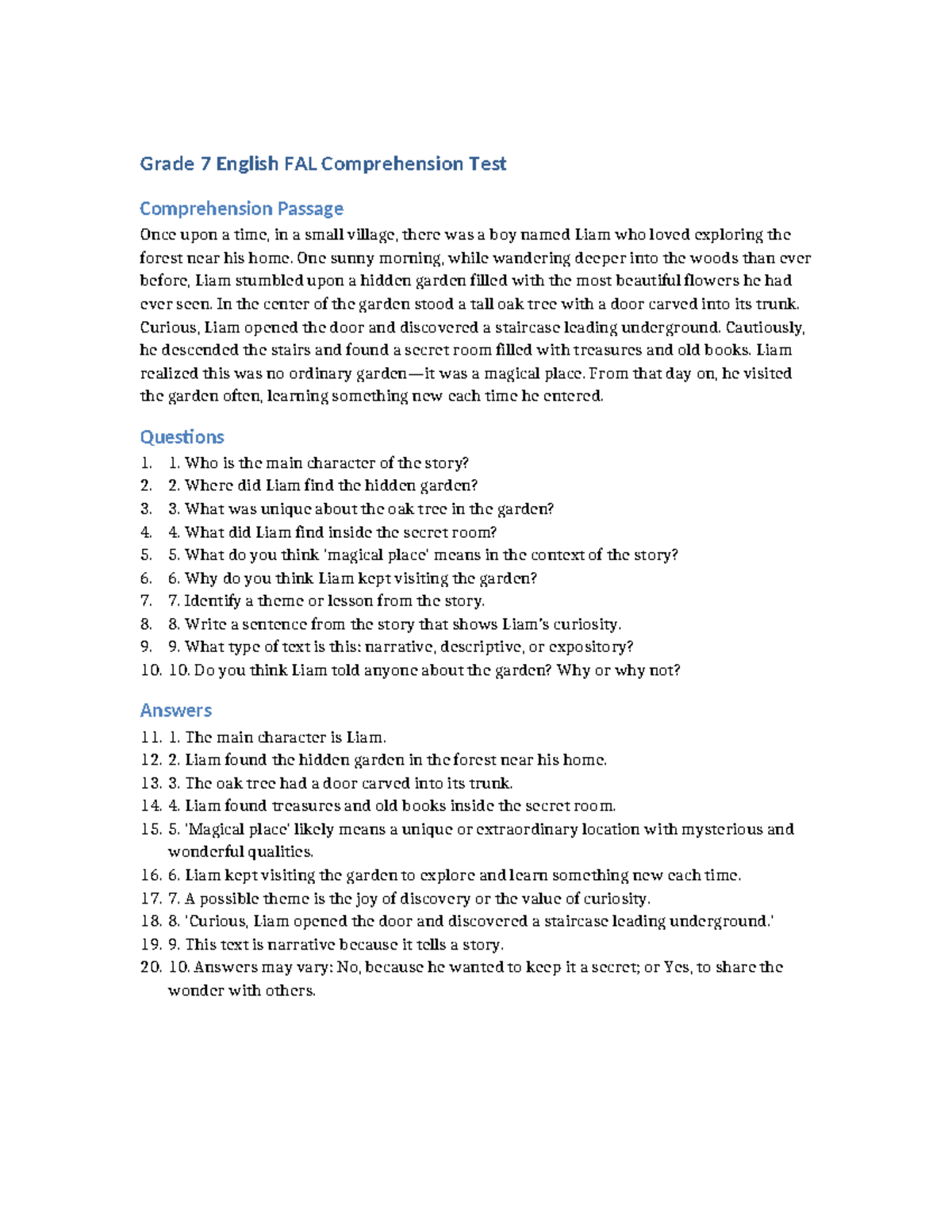 Grade 7 English FAL Comprehension Test: Liam's Hidden Garden Story ...