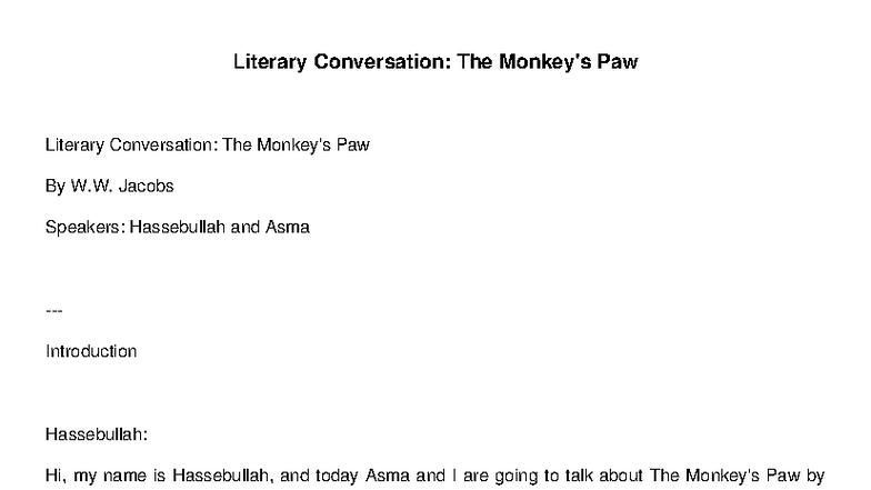Literary Conversation The Monkeys Paw Final - Literary Conversation ...