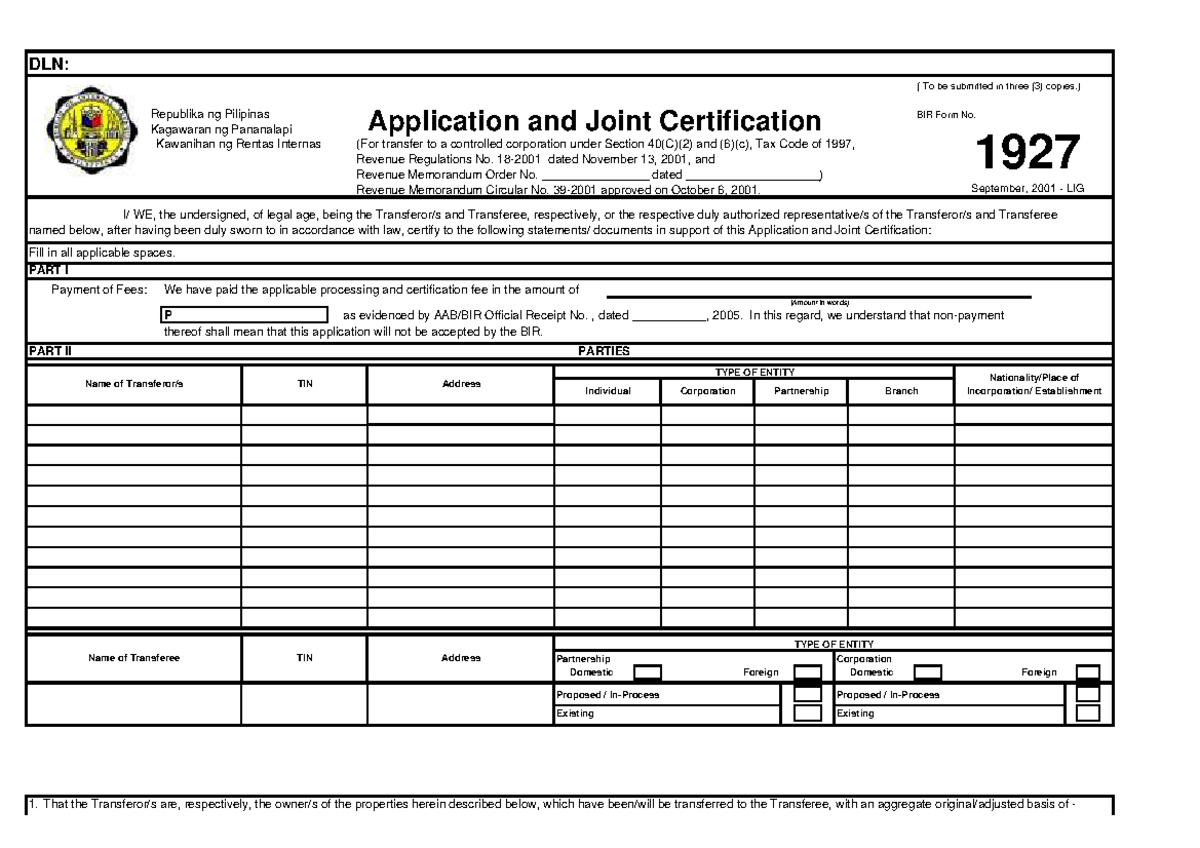 BIR Form No. 1927 Application & Joint Certification Guide - Studocu