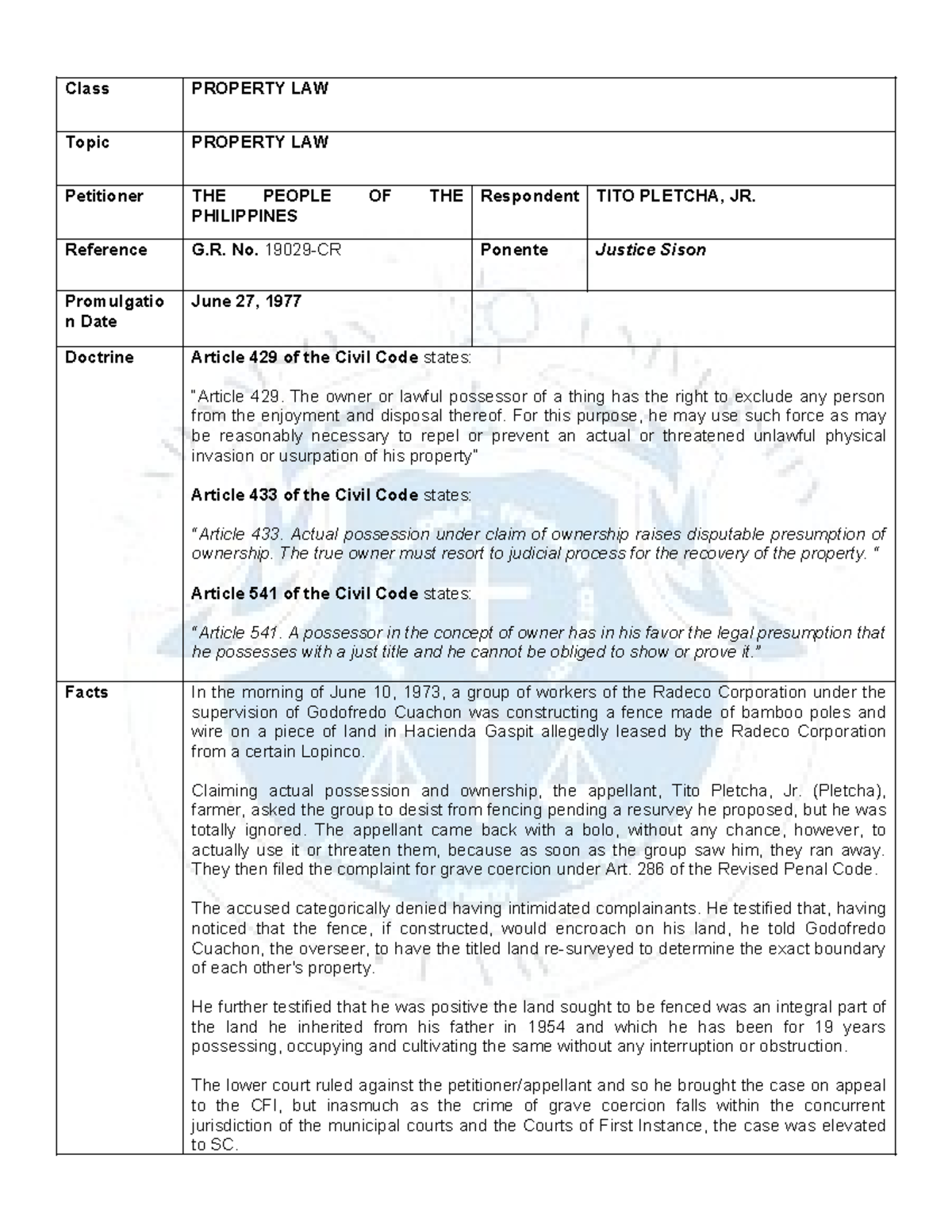 Property Law Case Study: People vs. Pletcha (G.R. No. 19029-CR) - Studocu