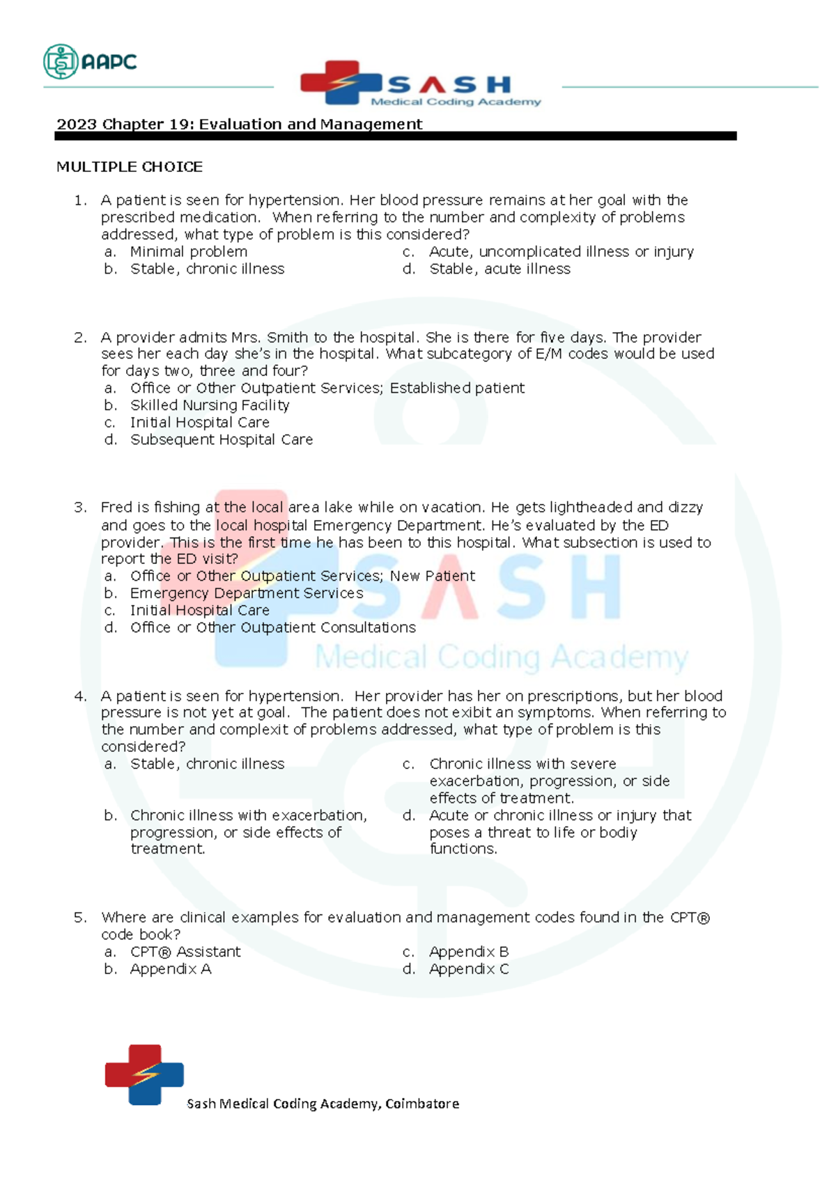 2023 CPC Chapter 19: E/M Evaluation Multiple Choice Questions - Studocu