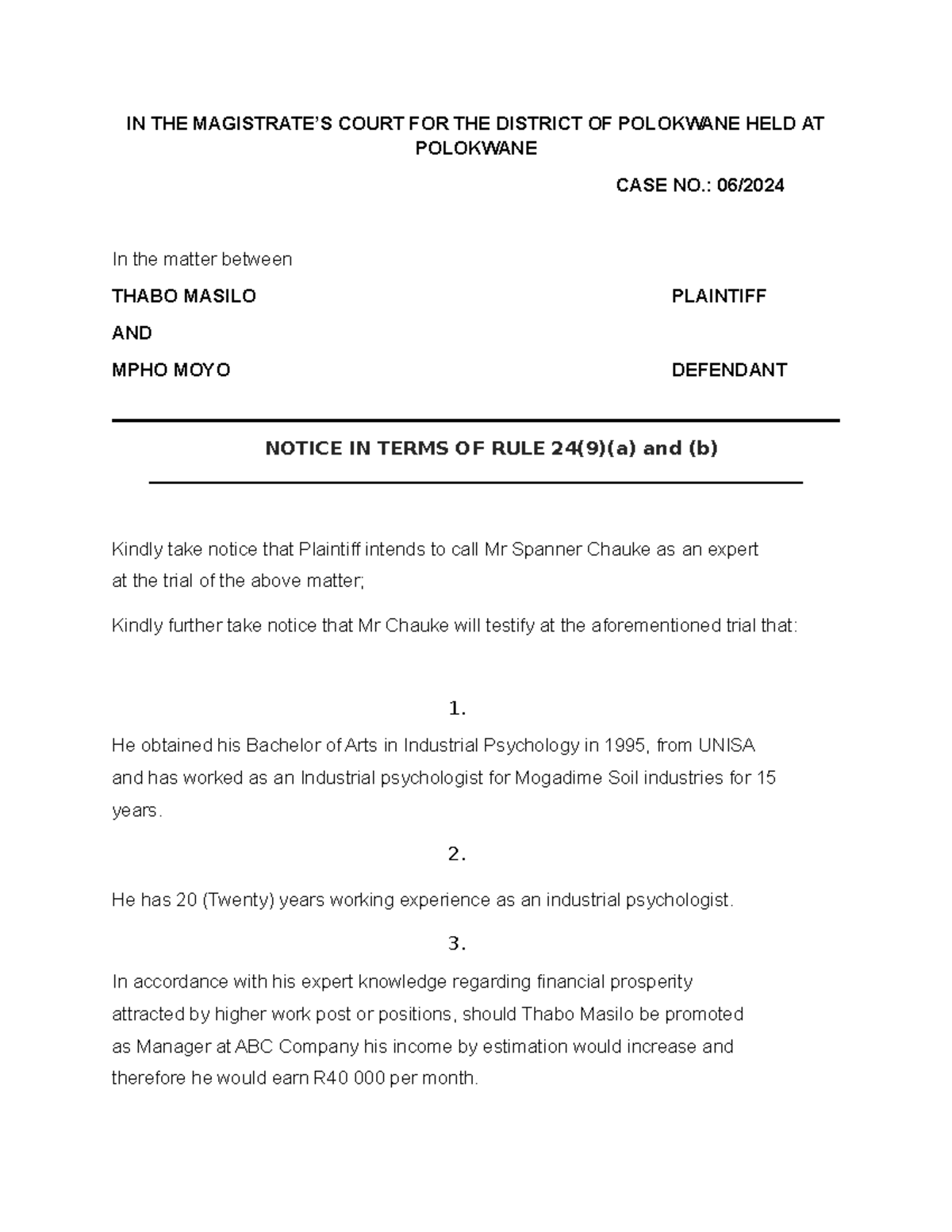 Rule 29 Civil Procedure Notice: Drafting Expert Testimony Example - Studocu
