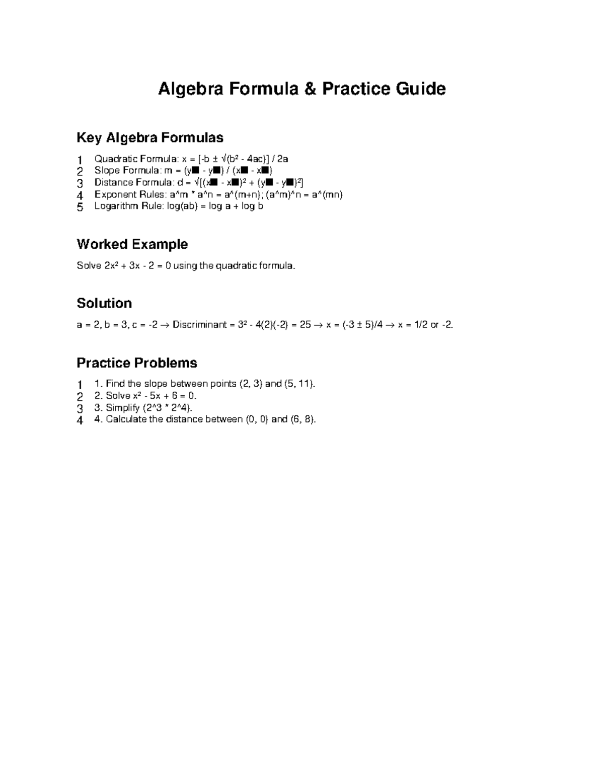 Algebra guide 1 - Algebra Formula & Practice Guide Key Algebra Formulas ...