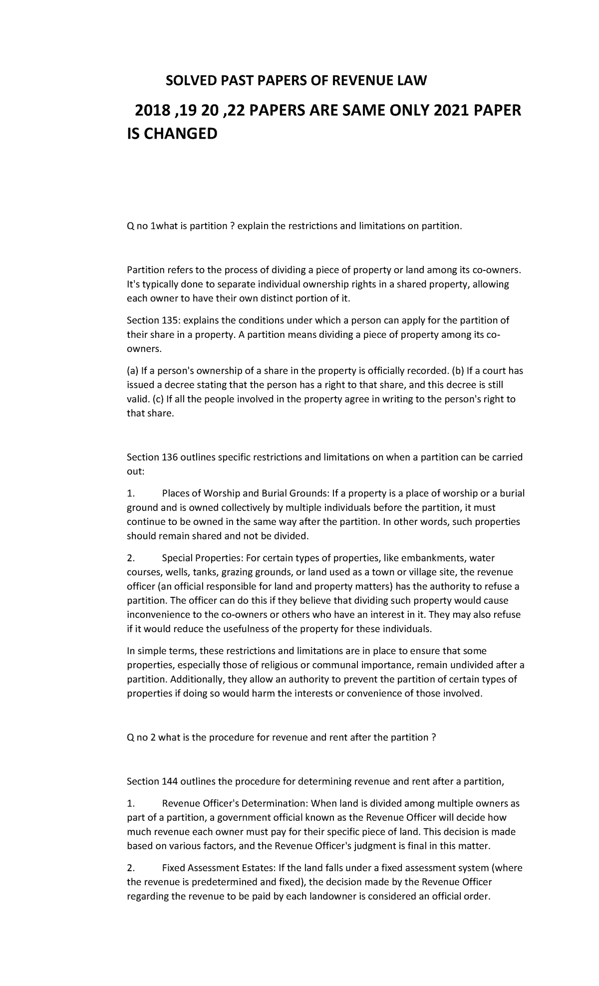 Solved Past Papers of Revenue Law (2018-2022) with Key Explanations ...