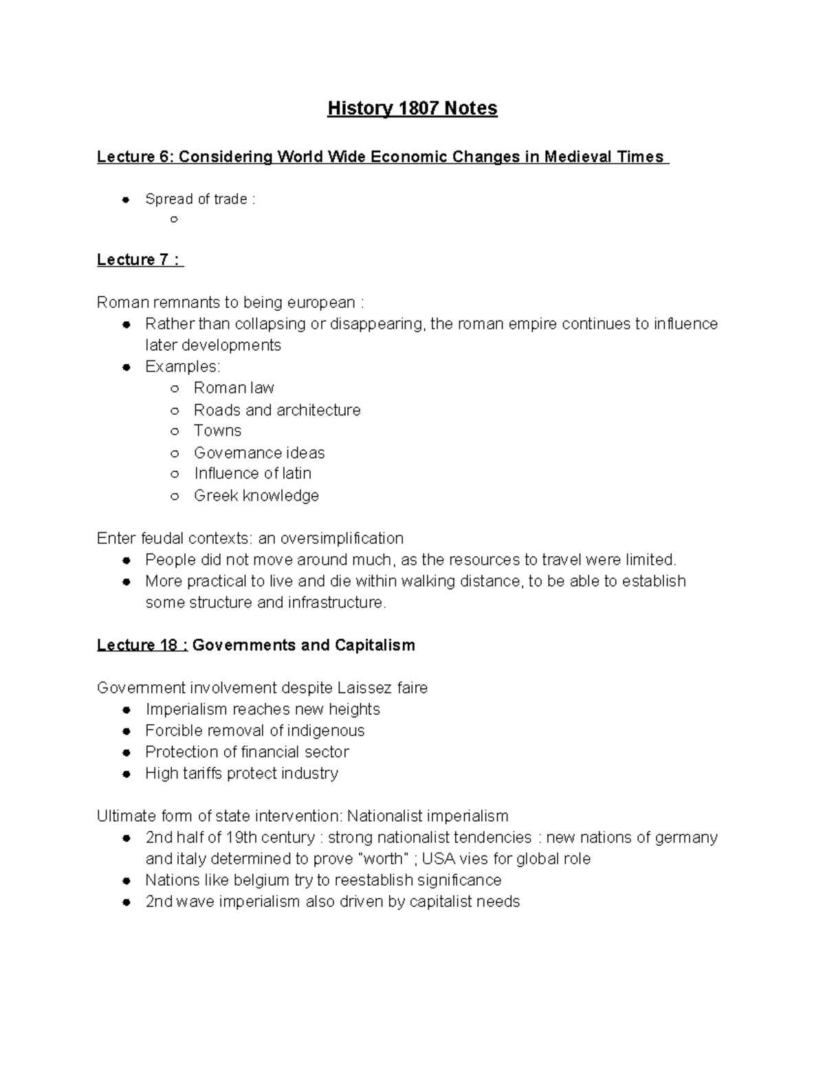 History 1807 Lecture Notes: Economic Changes & Imperialism - Studocu