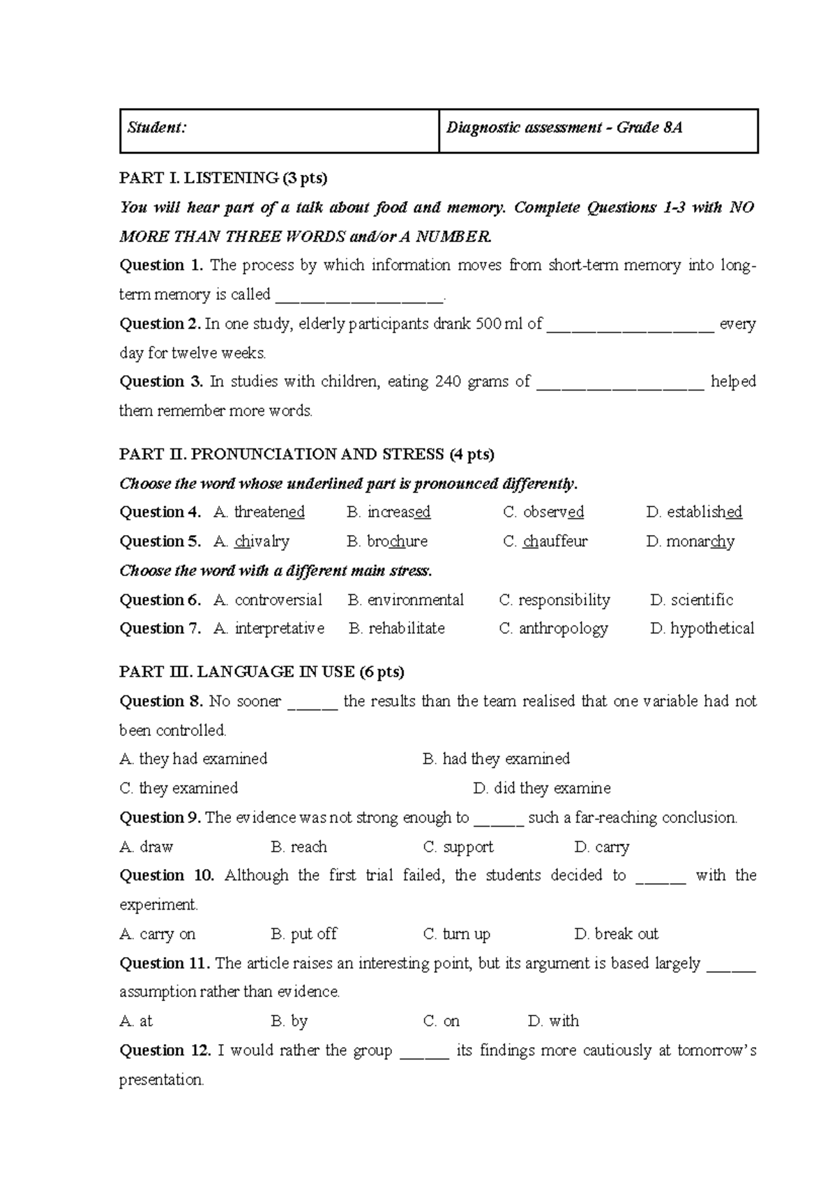 Grade 8A Listening Diagnostic Assessment: Food & Memory - Studocu