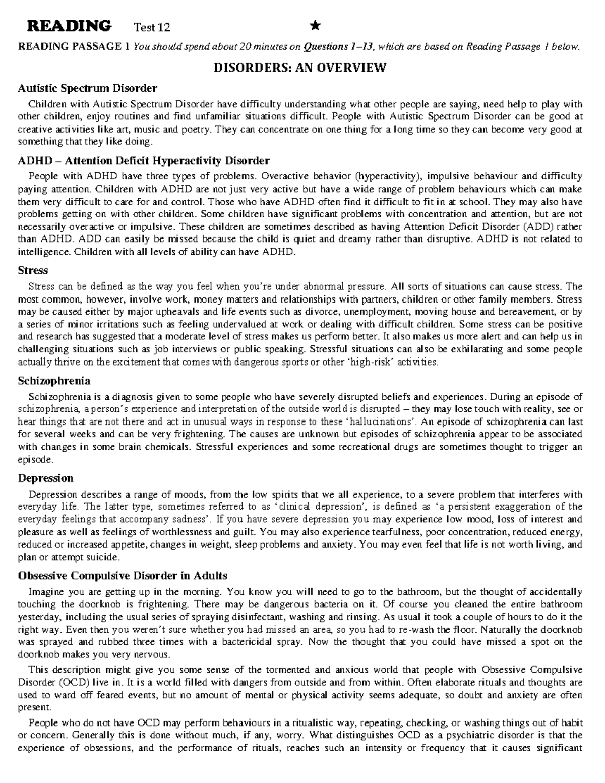 Reading Passage 1: Overview of Disorders - Test 12 - Studocu