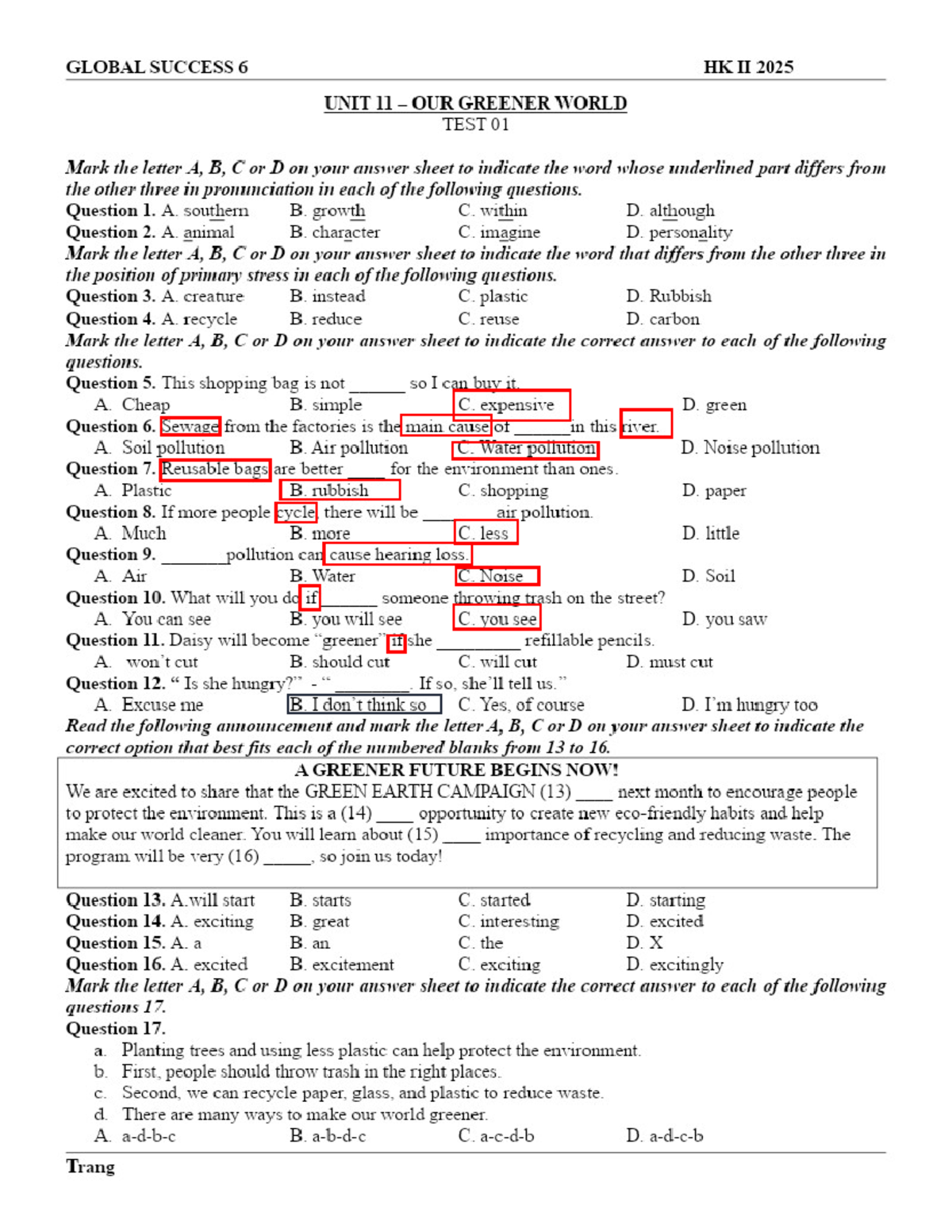 Global success 6 HK II 2025 unit 11 our greener world test 01 and 02 ...