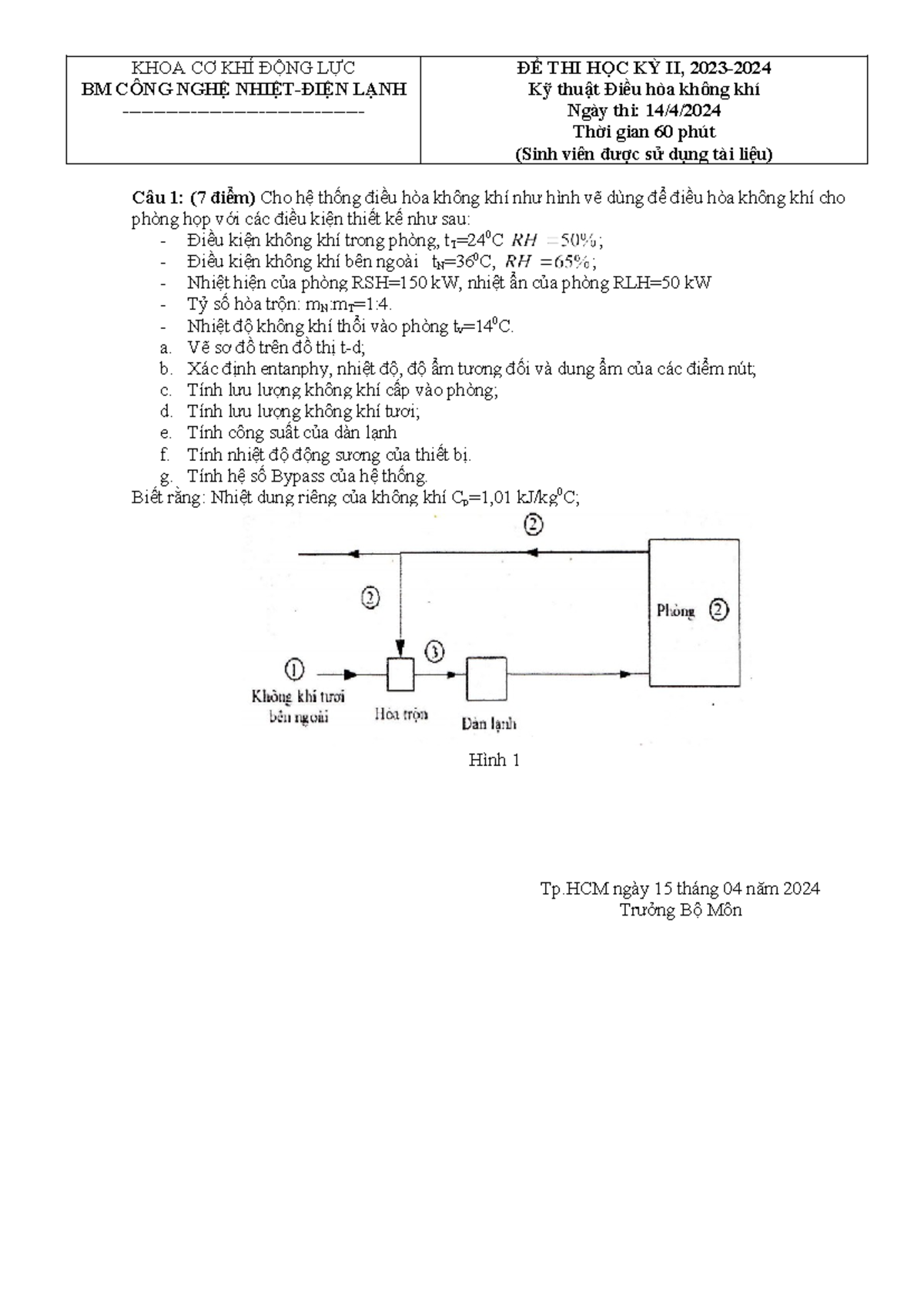 Đề Thi Học Kỳ II - Khoa Cơ Khí Động Lực BM Công Nghệ Lạnh 2024 - Studocu