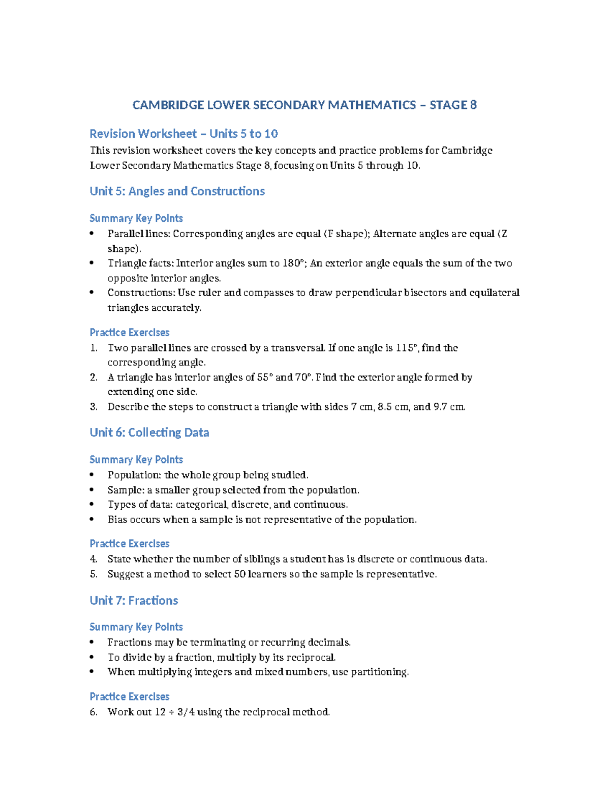 CAMBRIDGE LOWER SECONDARY MATHEMATICS STAGE 8 Revision Worksheet Units ...