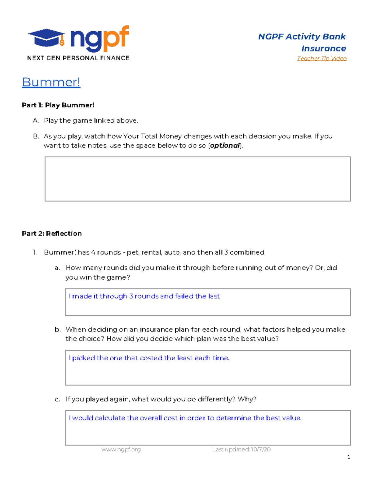 Bummer Game Questions - NGPF Activity Bank Insurance Teacher Tip Video ...