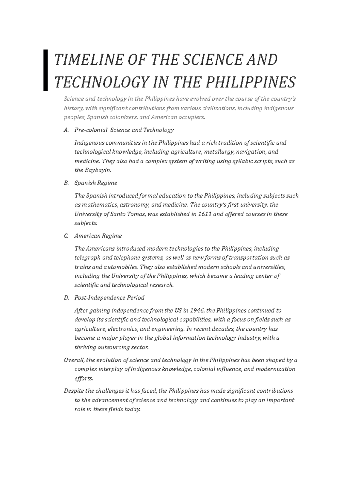 Evolution of Science & Technology in the Philippines: A Timeline - Studocu