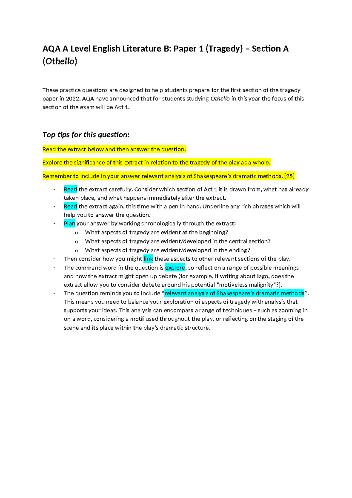 Practice Questions on Othello Extracts for AQA A Level (2022) - Studocu