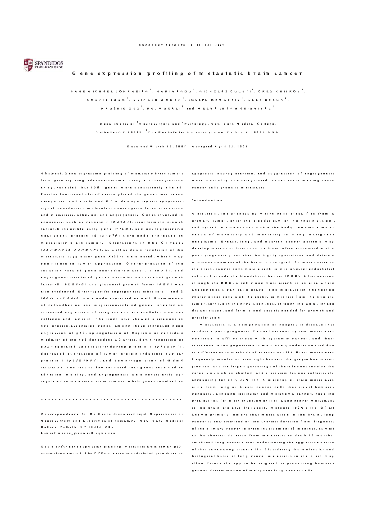 Gene Expression Profiling in Metastatic Brain Cancer (ONCOLOGY REPORTS ...