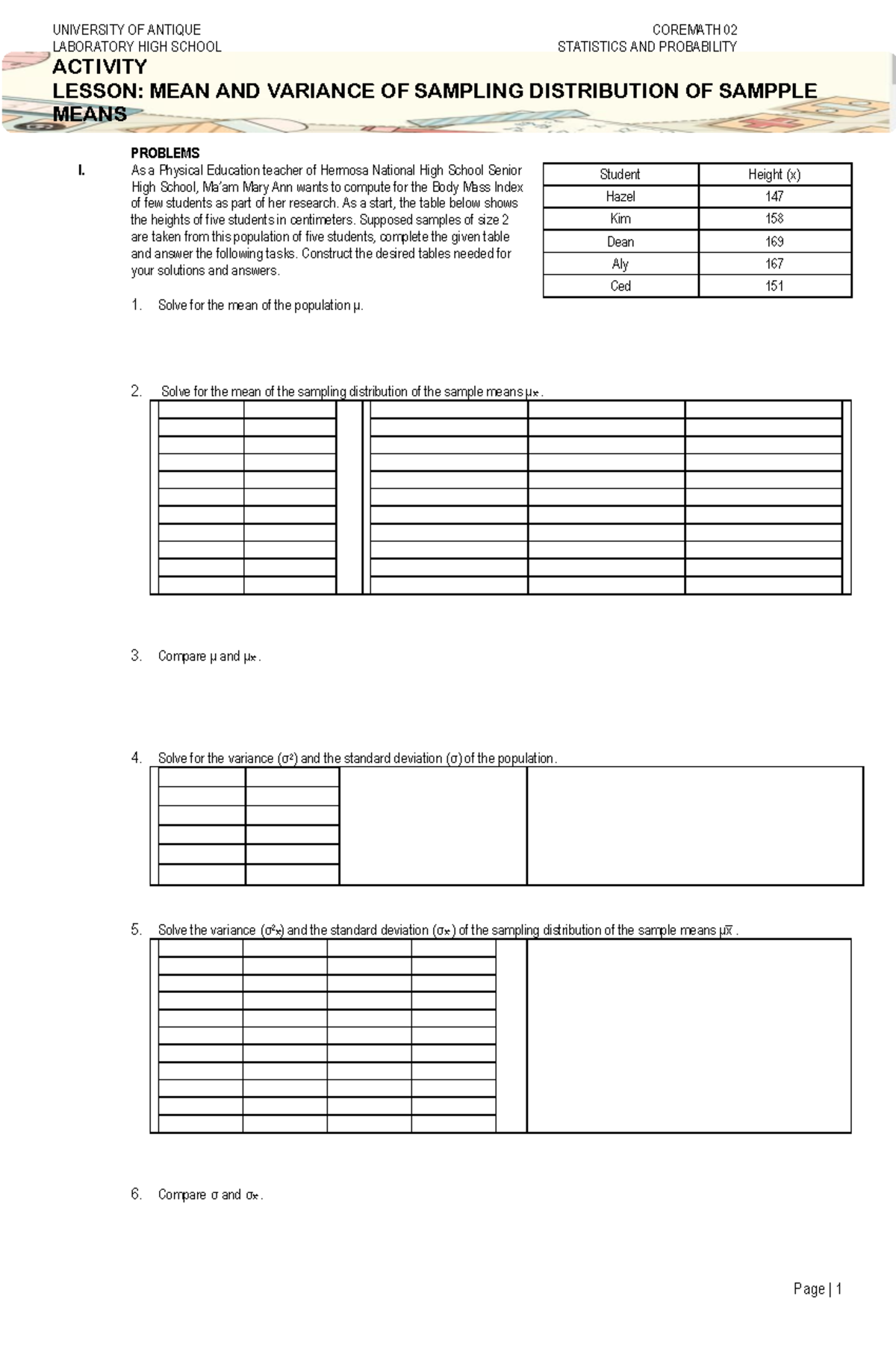 Mean and Variance of Sampling Distribution: Activity Overview (COREMATH ...