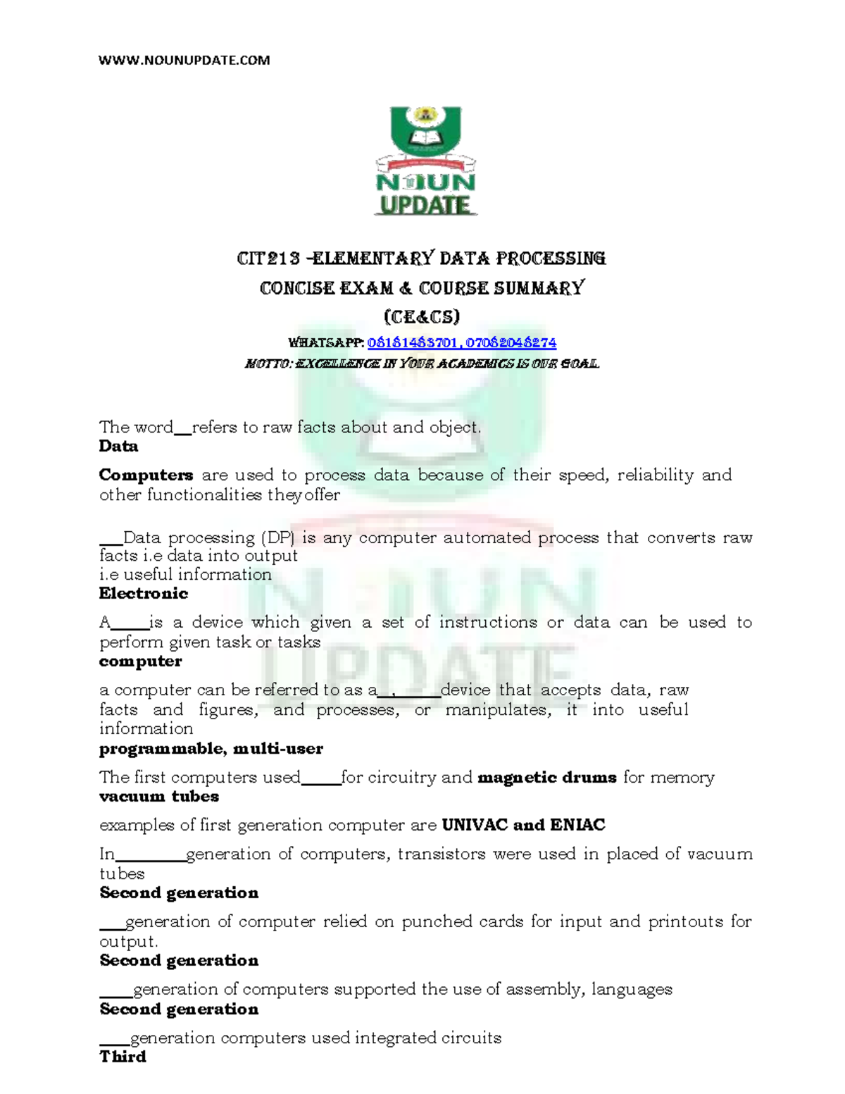 CIT213 Data Processing Final Exam Summary and Key Concepts - Studocu