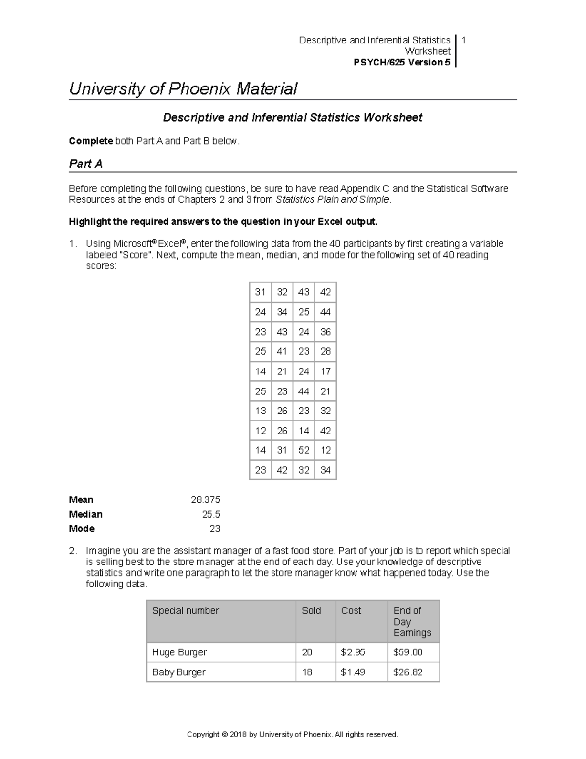 Descriptive & Inferential Statistics Worksheet - PSYCH/625 - Studocu