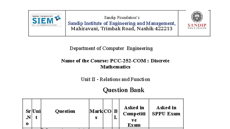 Discrete Mathematics (CO1) Unit II: Relations and Functions Question ...