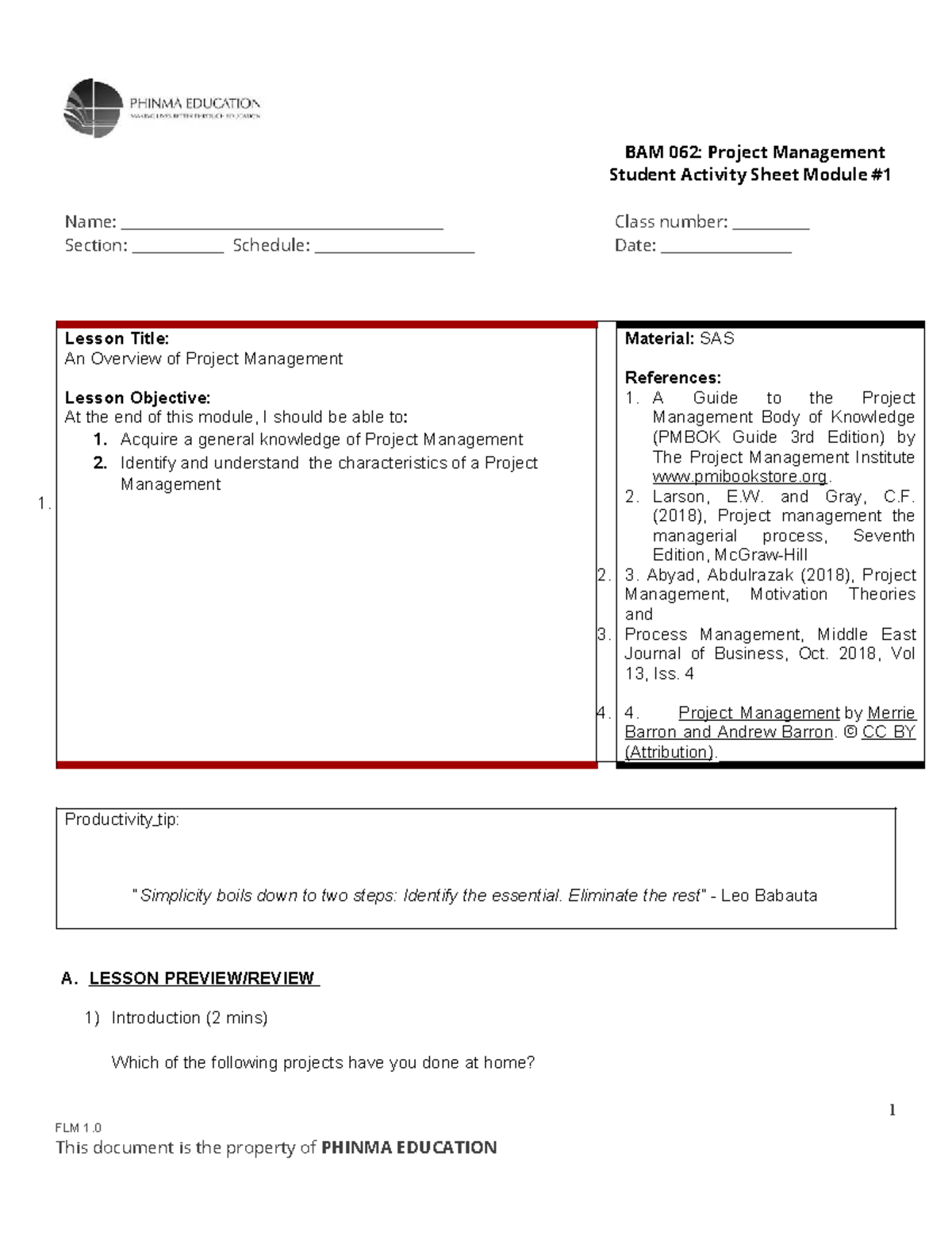 BAM 062: Project Management Module 1 Activity Sheet Overview - Studocu