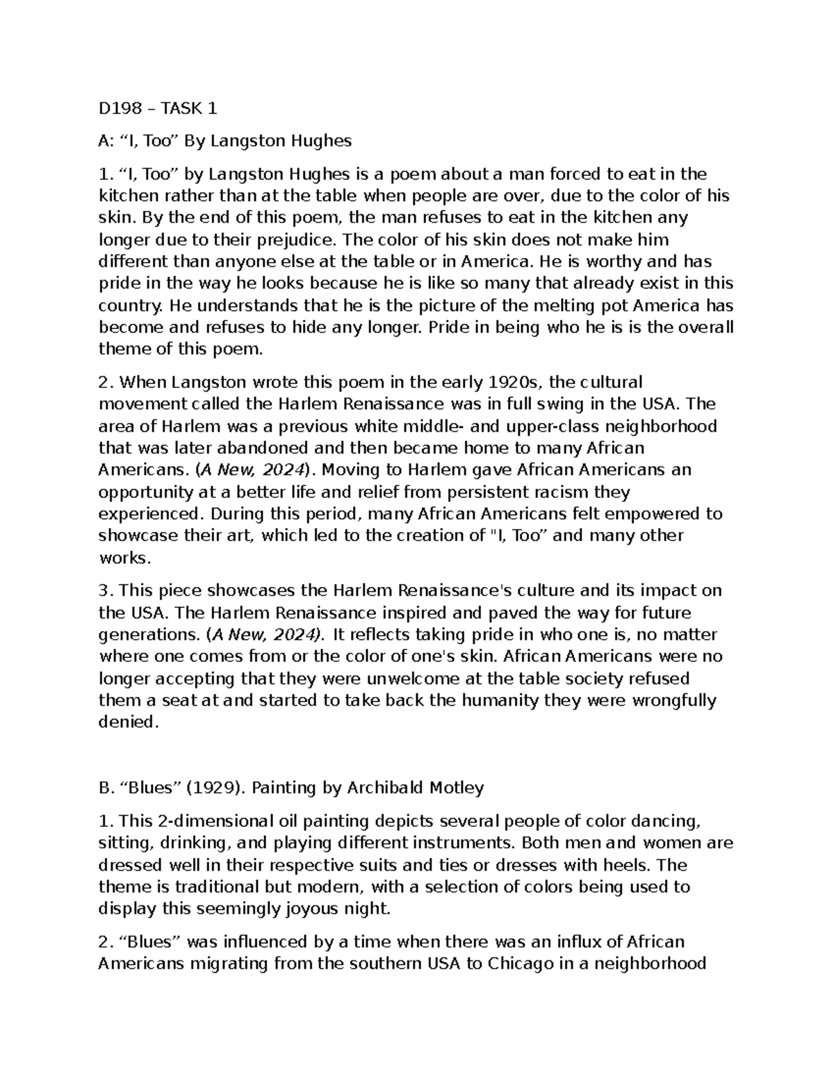 D198 - TASK 1: Exploring Langston Hughes and the Harlem Renaissance ...