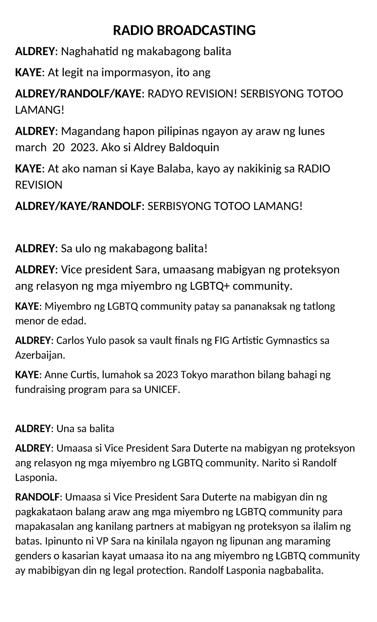 RADIO REVISION - Script ng Radiobroad ng ALDREY at KAYE - Studocu