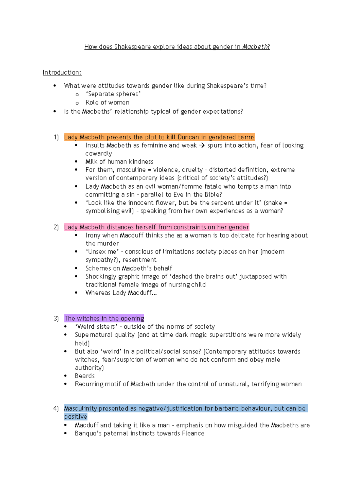 Gender Perspectives in _Macbeth_: Essay Plan (ENG 201) - Studocu