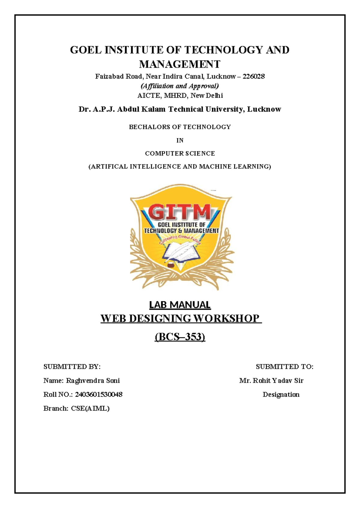 CSE(AIML) Lab Manual: Web Designing Workshop Guide - Studocu