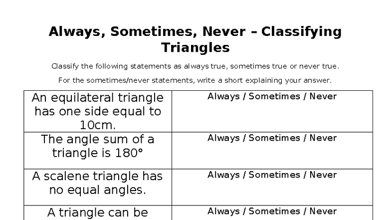 Always, Sometimes, Never: Classifying Triangle Statements - Studocu