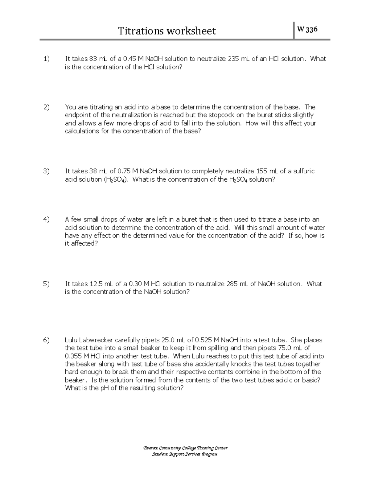 W336 Titrations Worksheet & Solutions: Acid-Base Calculations - Studocu