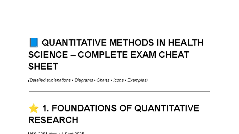 HSS 2381 Quantitative Methods in Health Science Final Exam Cheat Sheet - Studocu