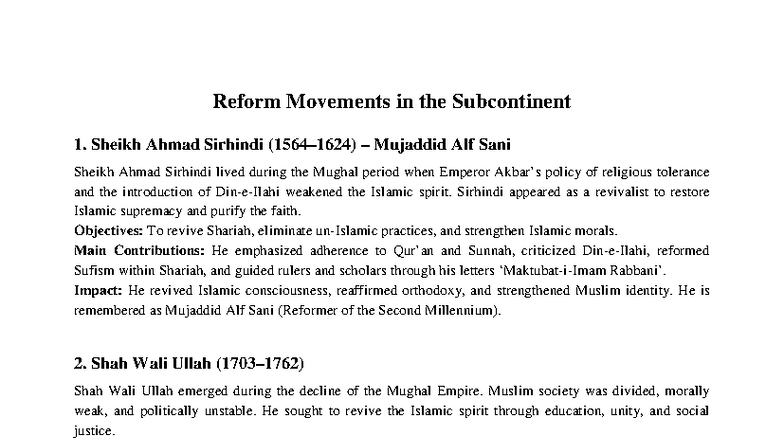 Reform Movements in the Subcontinent: Notes on Key Figures - Studocu