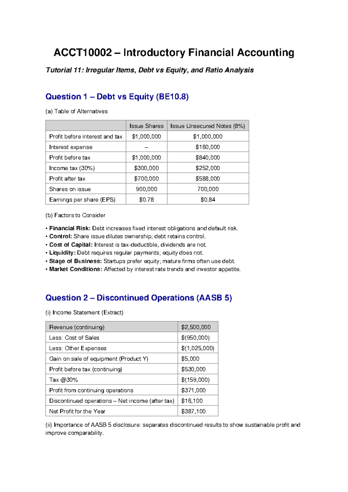 ACCT10002 Tutorial 11: Debt vs Equity, Ratio Analysis & AASB 5 - Studocu