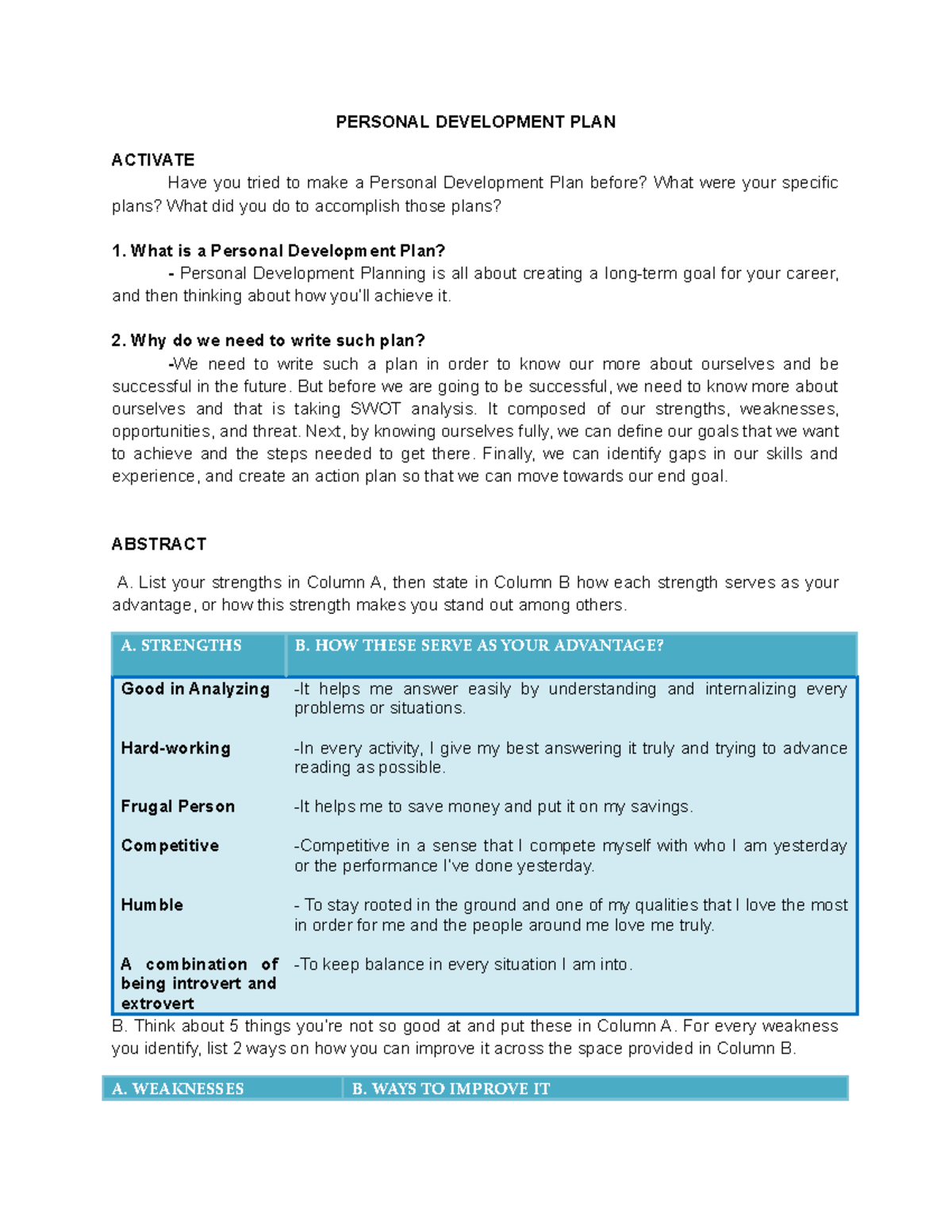 Personal Development PLAN - PERSONAL DEVELOPMENT PLAN ACTIVATE Have you ...