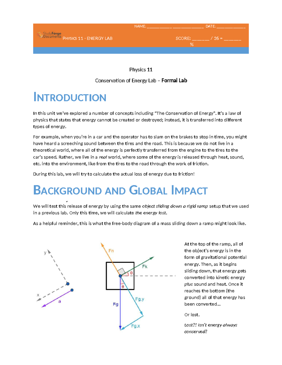 Chapter 5 Energy Lab: Conservation of Energy in Physics 11 - Studocu