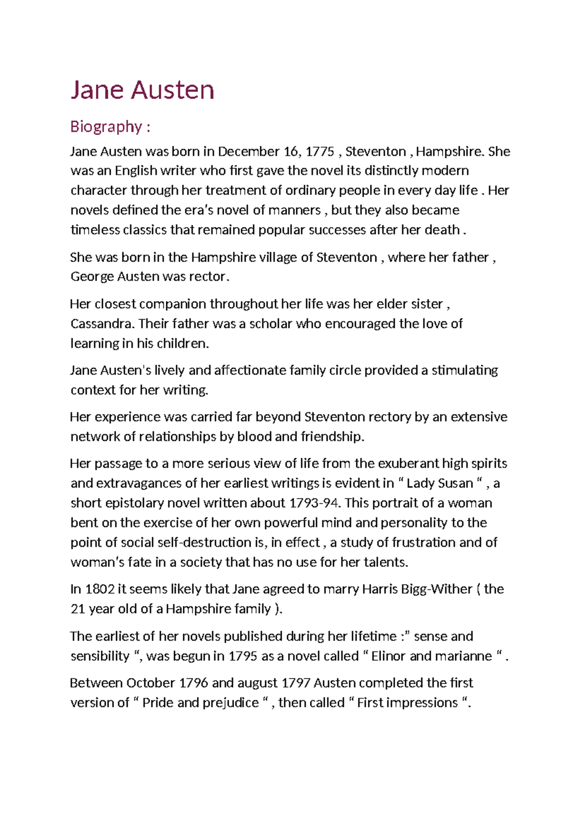 Jane Austen Biography: Life, Works, and Social Context (ENG 101) - Studocu