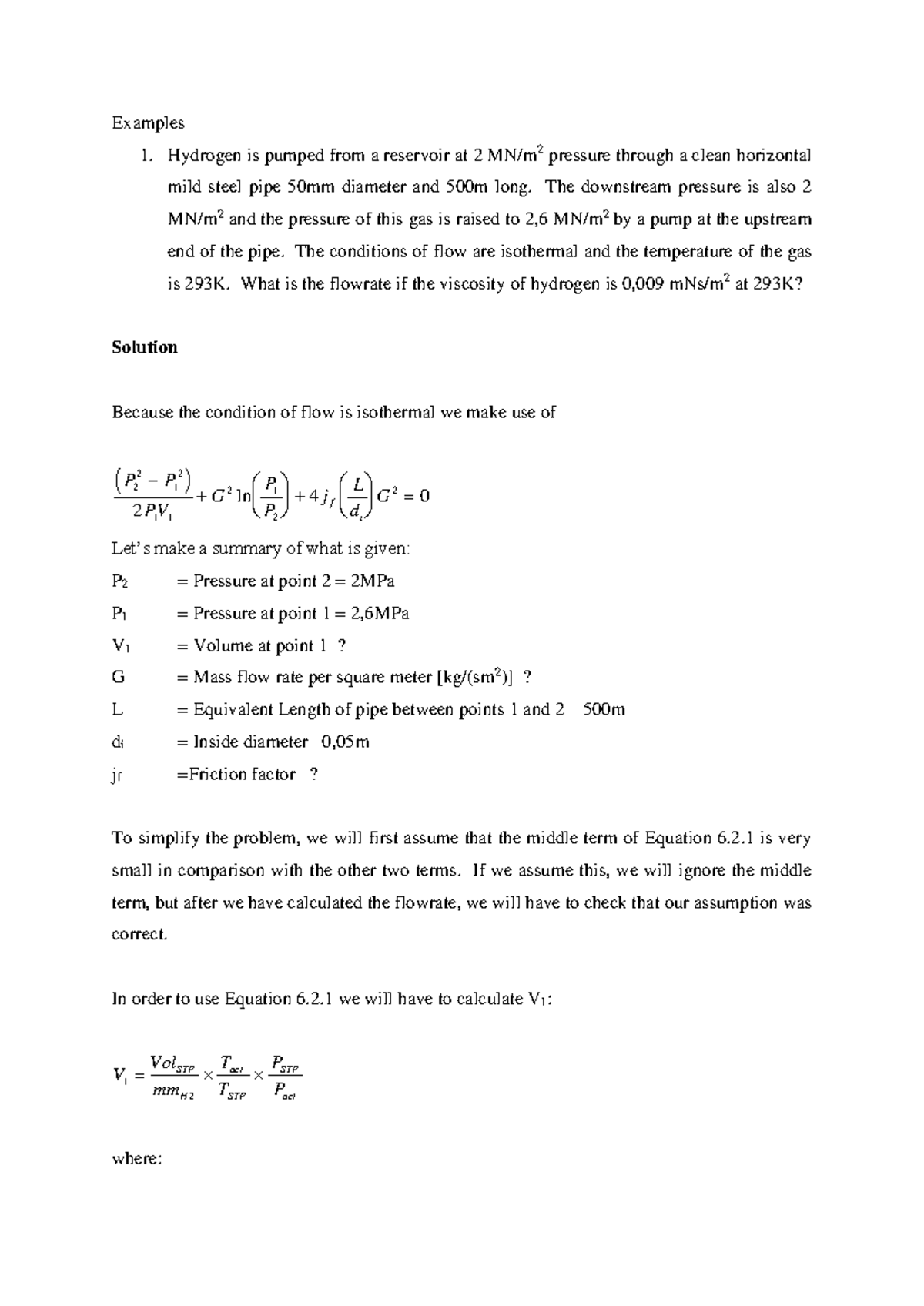 Examples compressible flow - Examples 1. Hydrogen is pumped from a ...