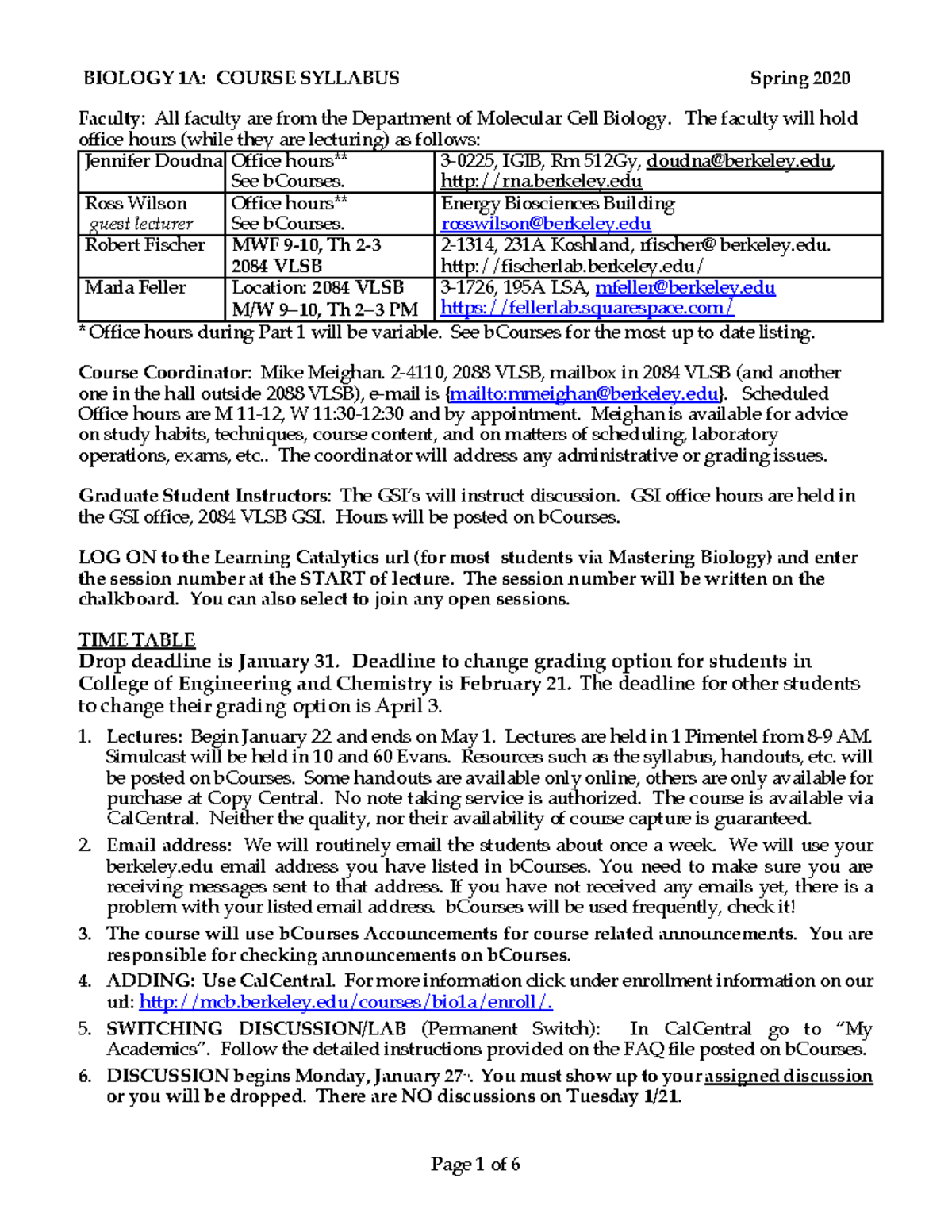 BIOLOGY 1A: COURSE SYLLABUS & LECTURE SCHEDULE Spring 2020 - Studocu