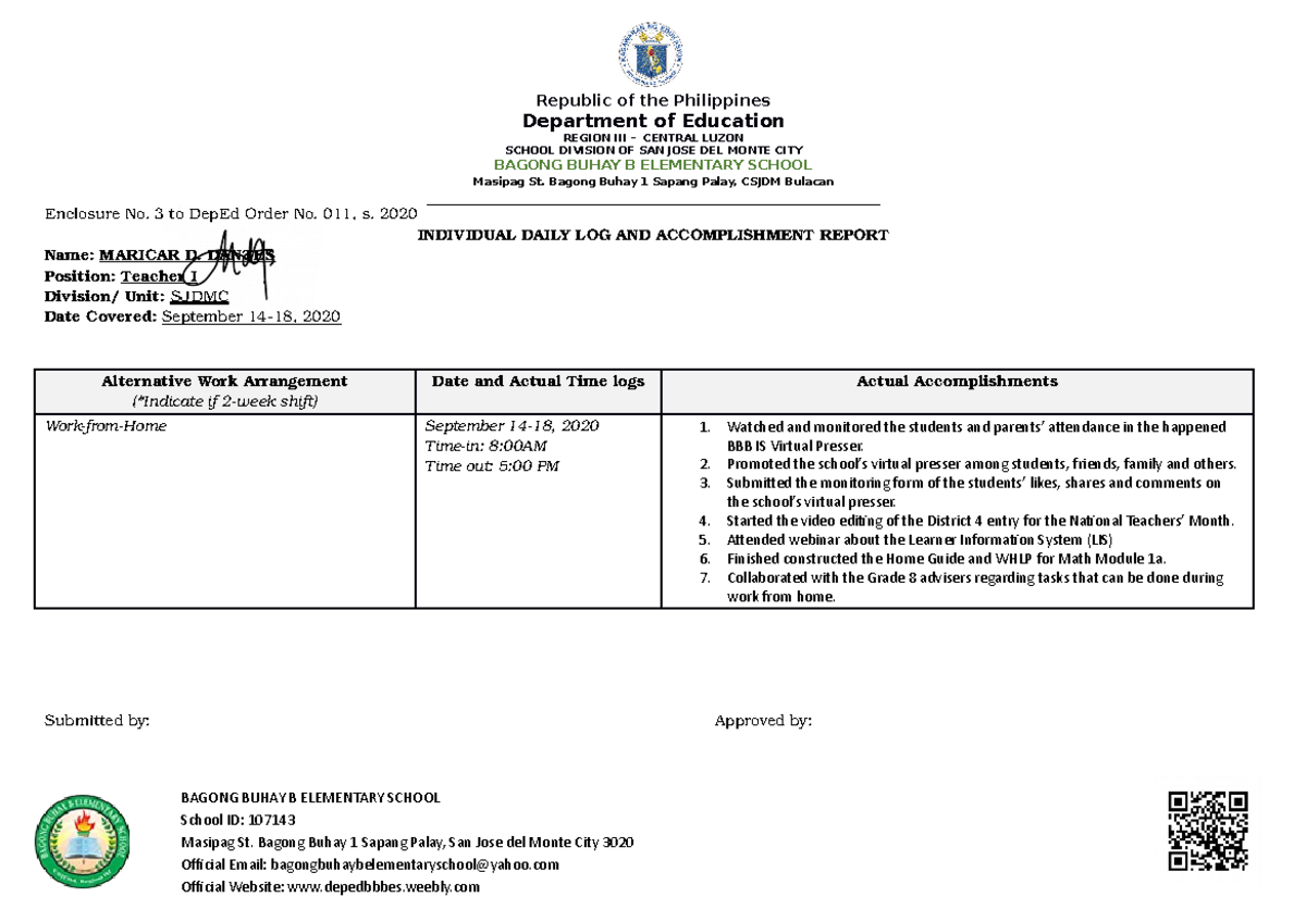 Sample of Accomplishment Report of a Teacher - Republic of the Philippines Department of ...