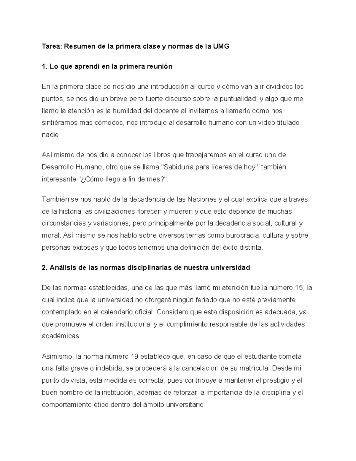 UMG 1: Resumen de la Primera Clase y Normas Disciplinarias - Studocu