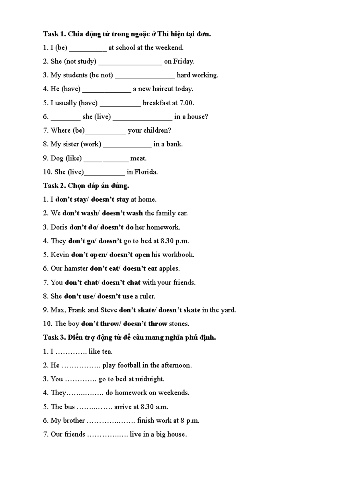 Bài tập Present Simple Tense - Task 1 đến Task 10 - Studocu