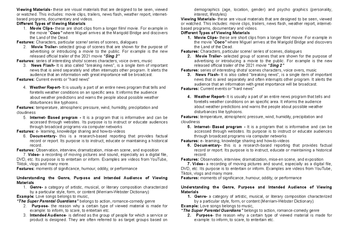 Types of Viewing Materials and Their Purposes: A Study Guide - Studocu