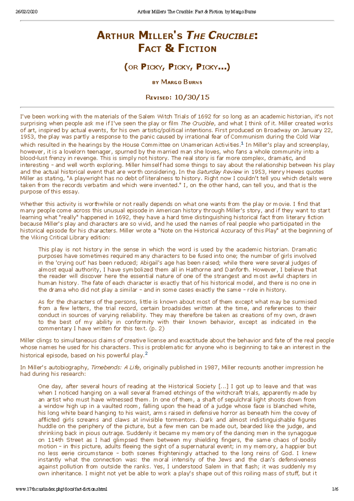 Arthur Miller's The Crucible: Fact vs. Fiction Analysis by Margo Burns ...