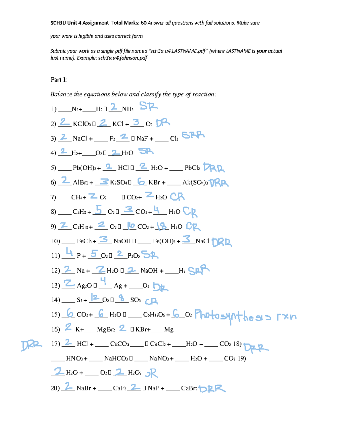 SCH3U Unit 4 Chemical Reactions Assignment Guidelines & Tasks - Studocu
