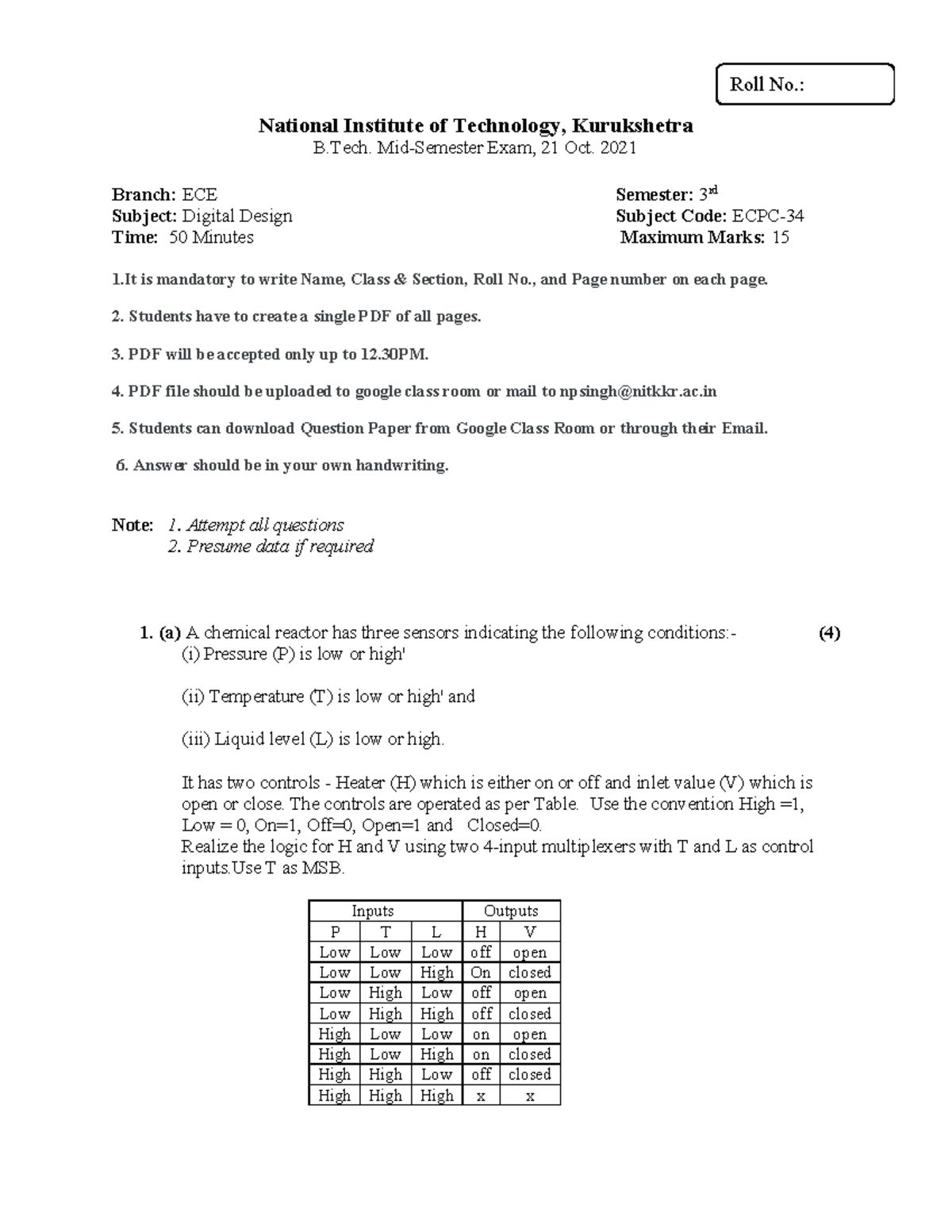 Digital Design Exam Guidelines - ECE 3rd Sem - NIT Kurukshetra - Studocu
